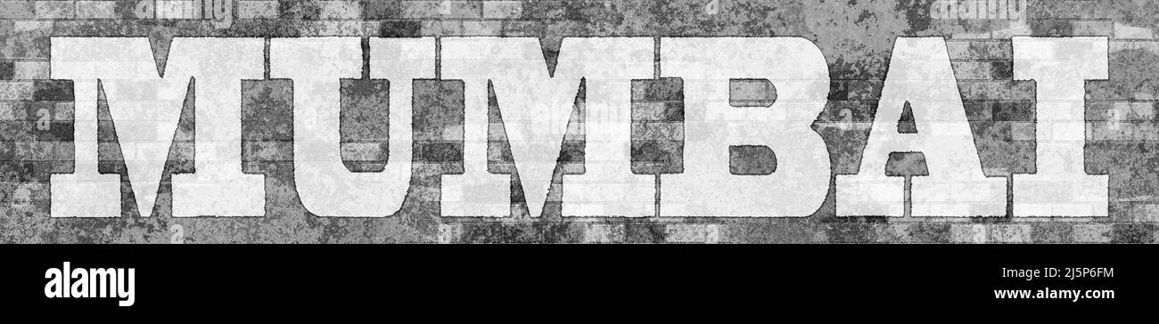 White lettering on a gray brick wall with the name of the city MUMBAI ...