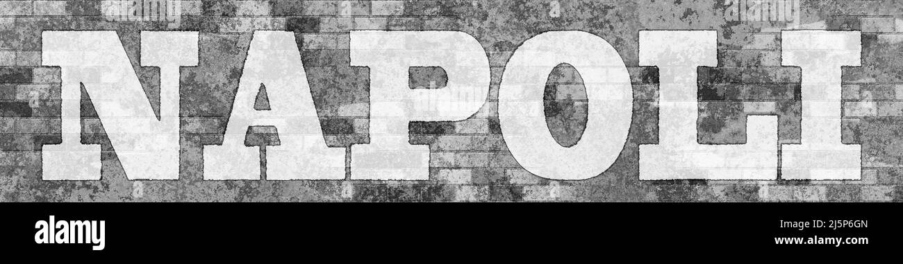 White lettering on a gray brick wall with the name of the city NAPOLI ...