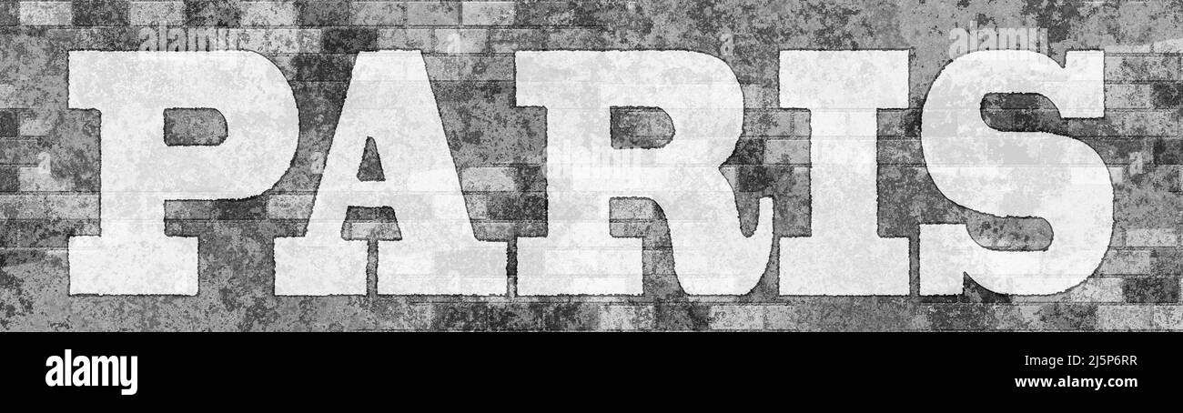 White lettering on a gray brick wall with the name of the city PARIS ...
