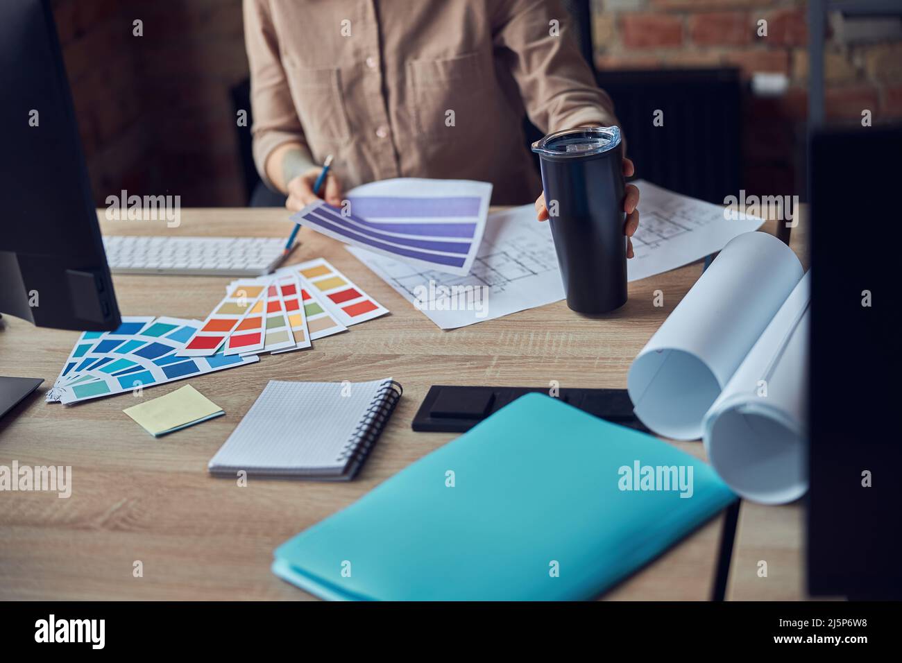Cropped shot of interior designer working on project, looking at color ...