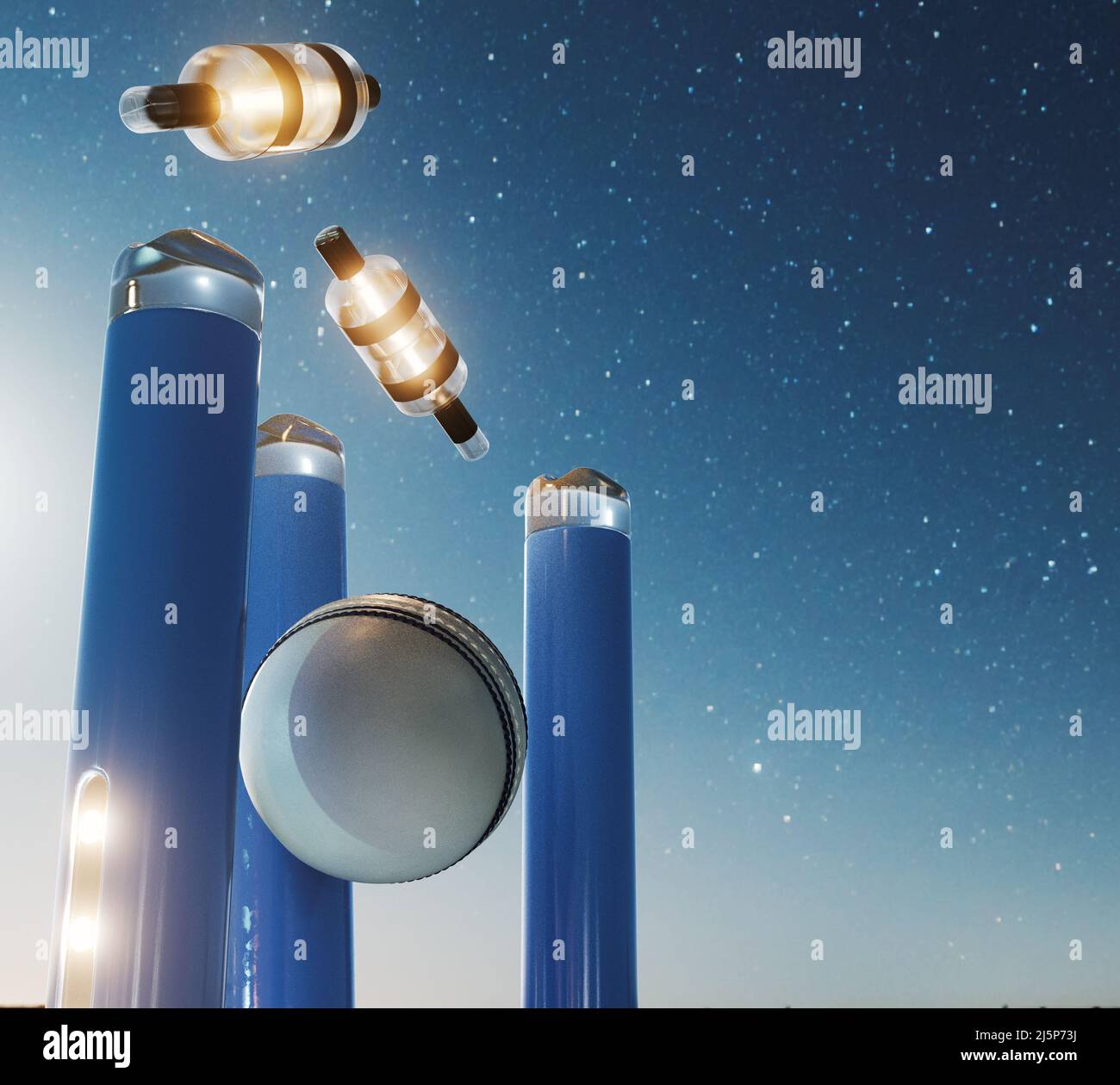 Blue electronic cricket wickets with dislodging bails and illuminating ...