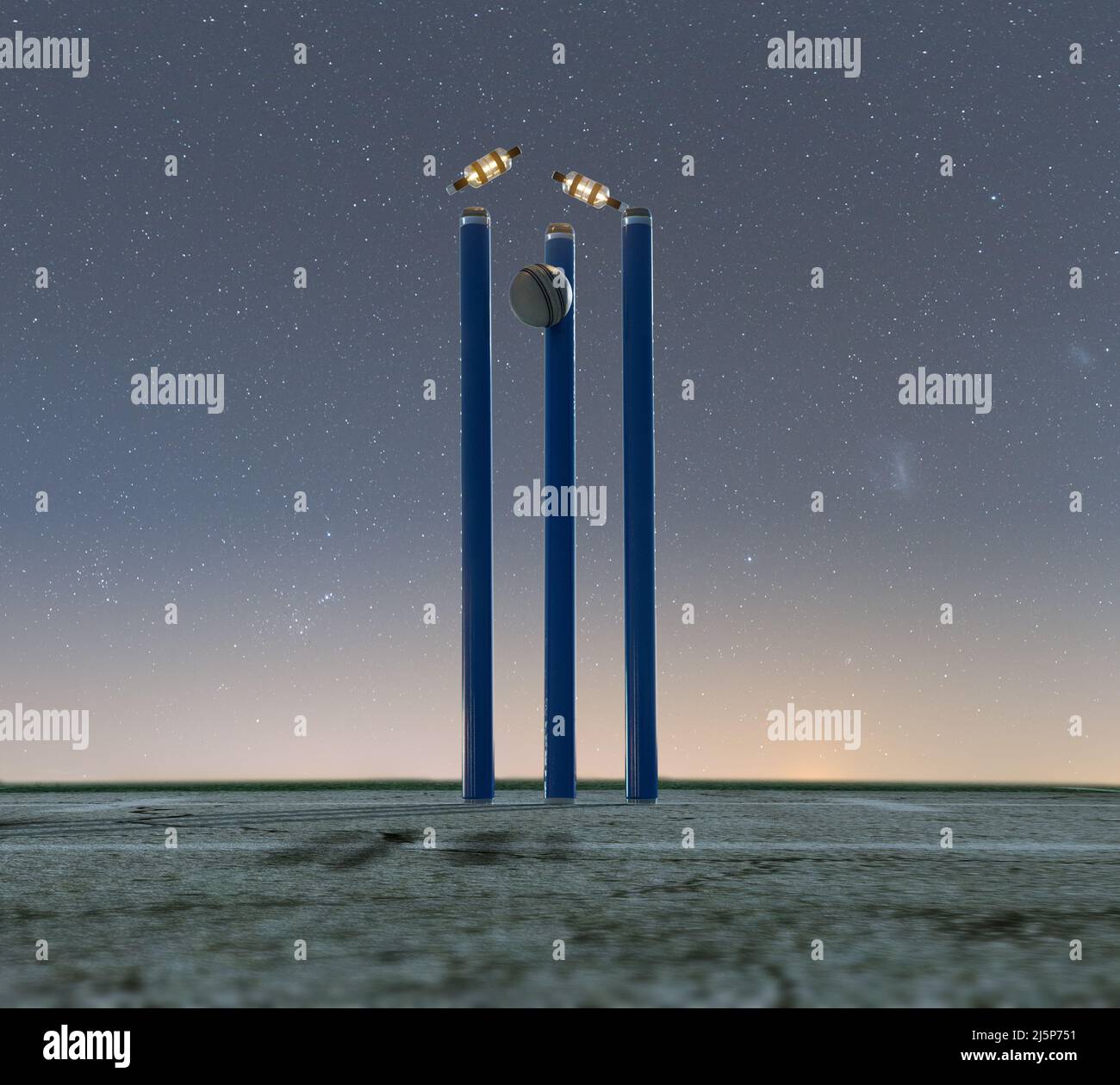 Blue electronic cricket wickets with dislodging bails and illuminating ...