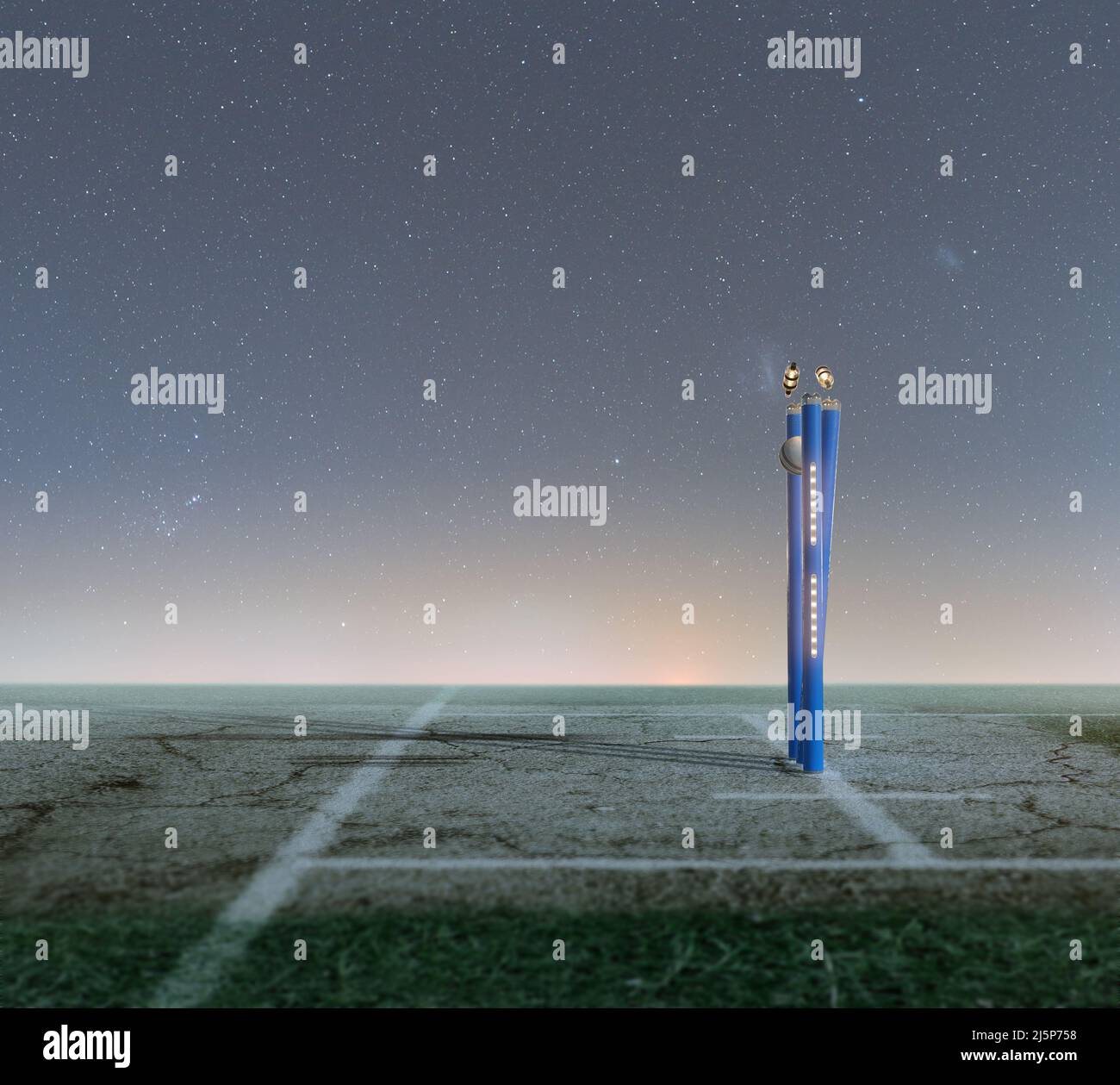 Blue electronic cricket wickets with dislodging bails and illuminating ...