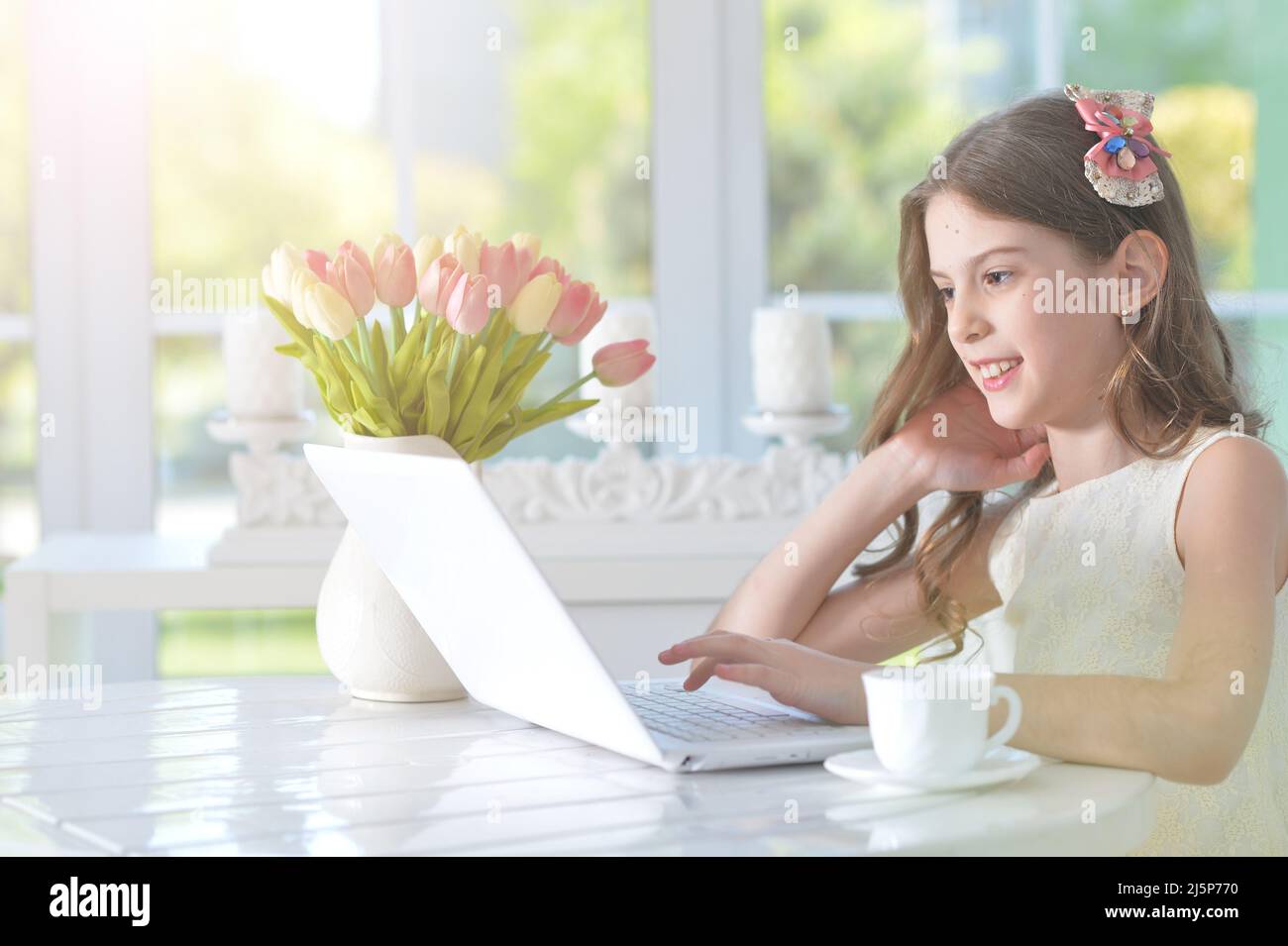 Beautiful young girl with laptop studying Stock Photo - Alamy