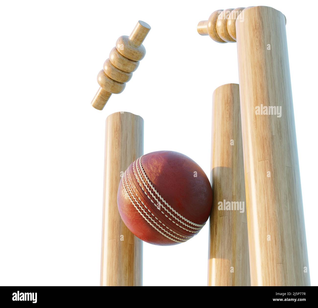 Wooden cricket wickets with dislodging bails on an isolated white ...