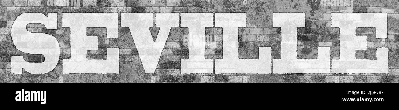 White lettering on a gray brick wall with the name of the city SEVILLE ...