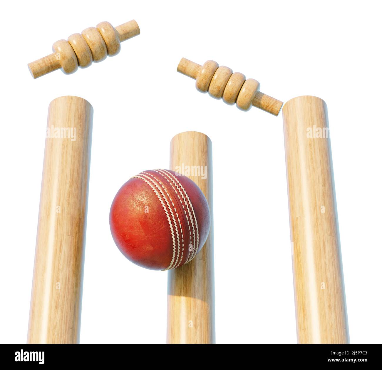 Wooden cricket wickets with dislodging bails on an isolated white ...
