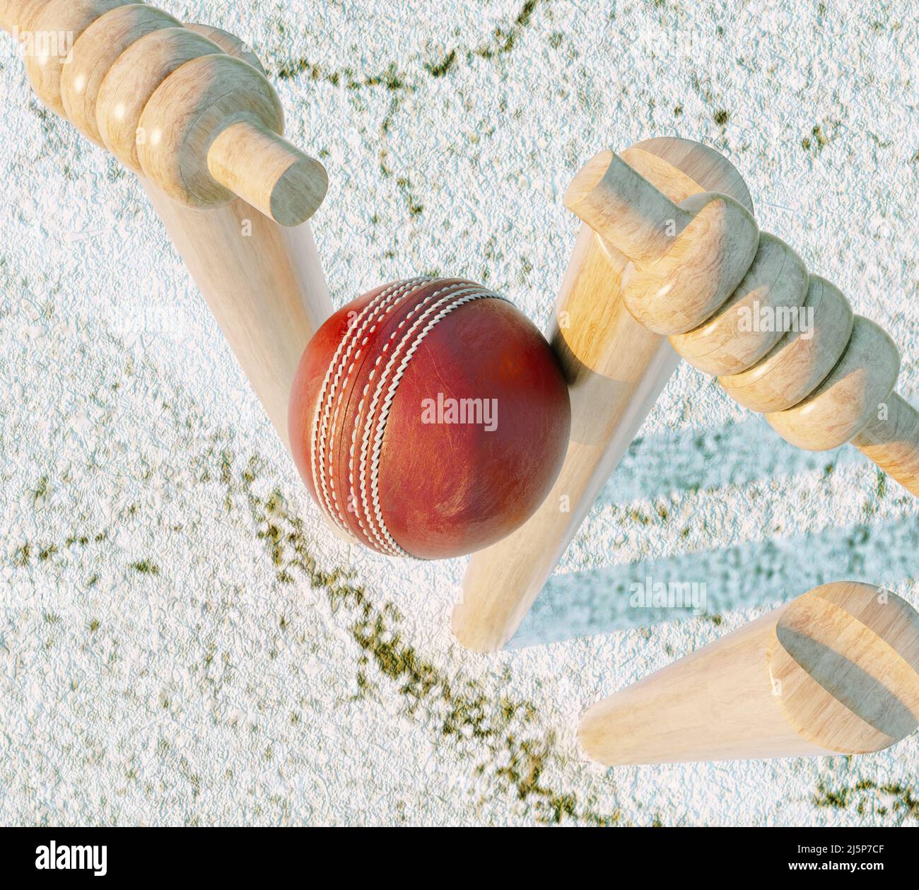Wooden cricket wickets with dislodging bails on a day sky background ...