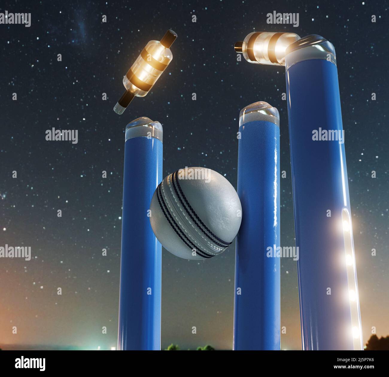 Blue electronic cricket wickets with dislodging bails and illuminating ...