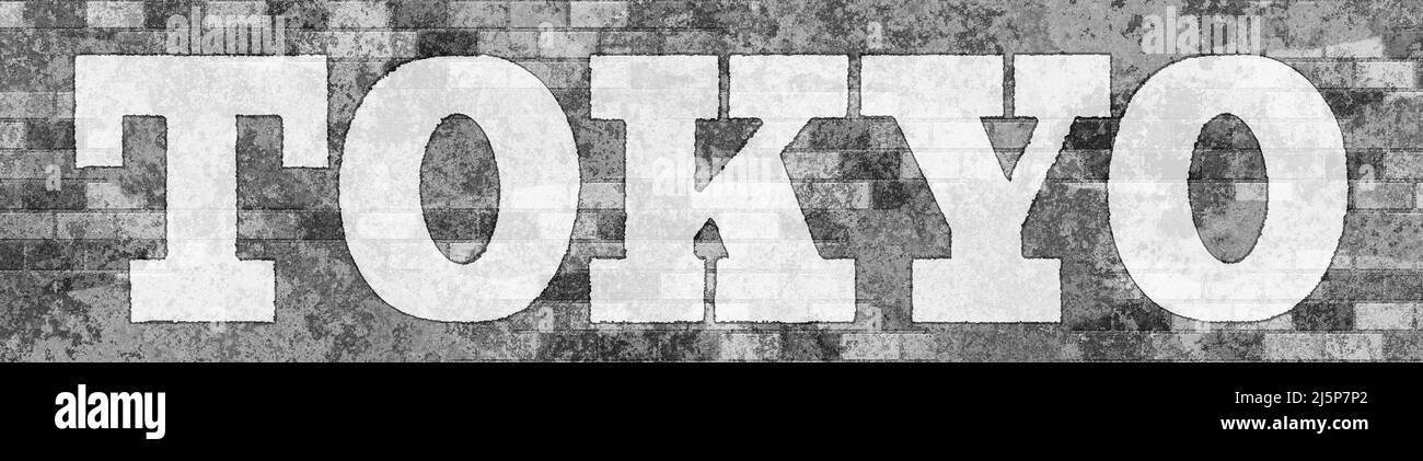 White lettering on a gray brick wall with the name of the city TOKYO ...