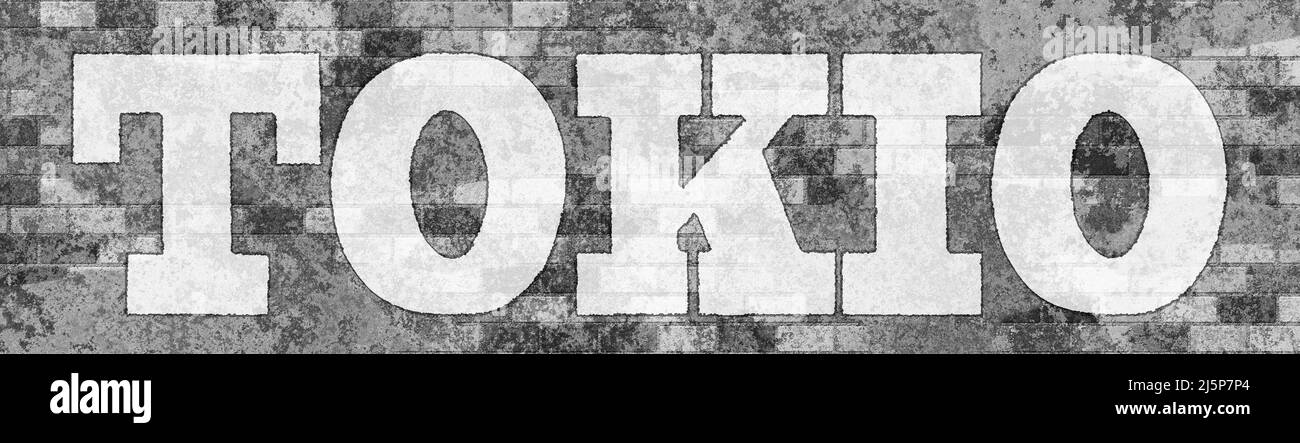 White lettering on a gray brick wall with the name of the city TOKIO ...