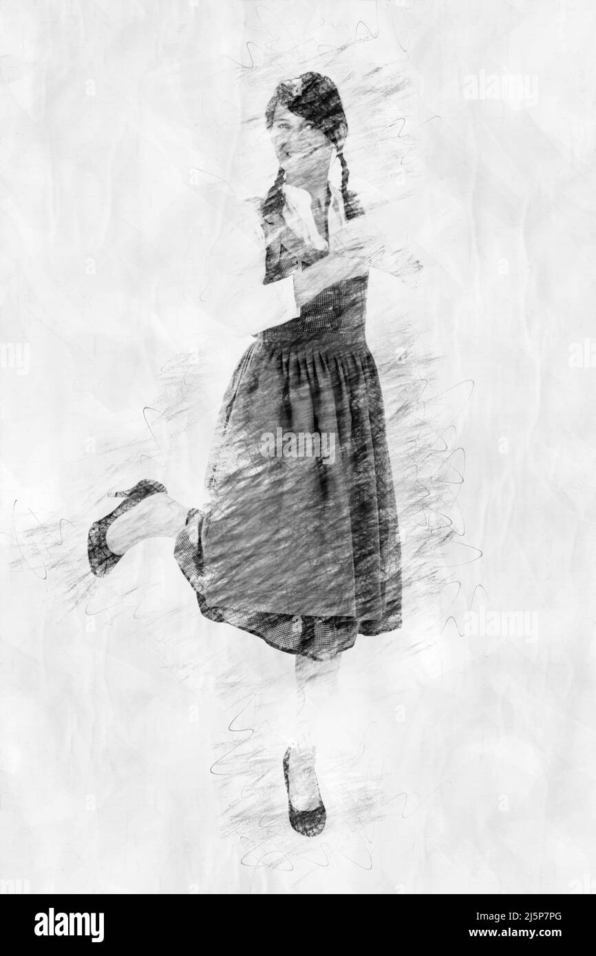 young woman wearing a bavarian dirndl and dancing in pencil drawing ...