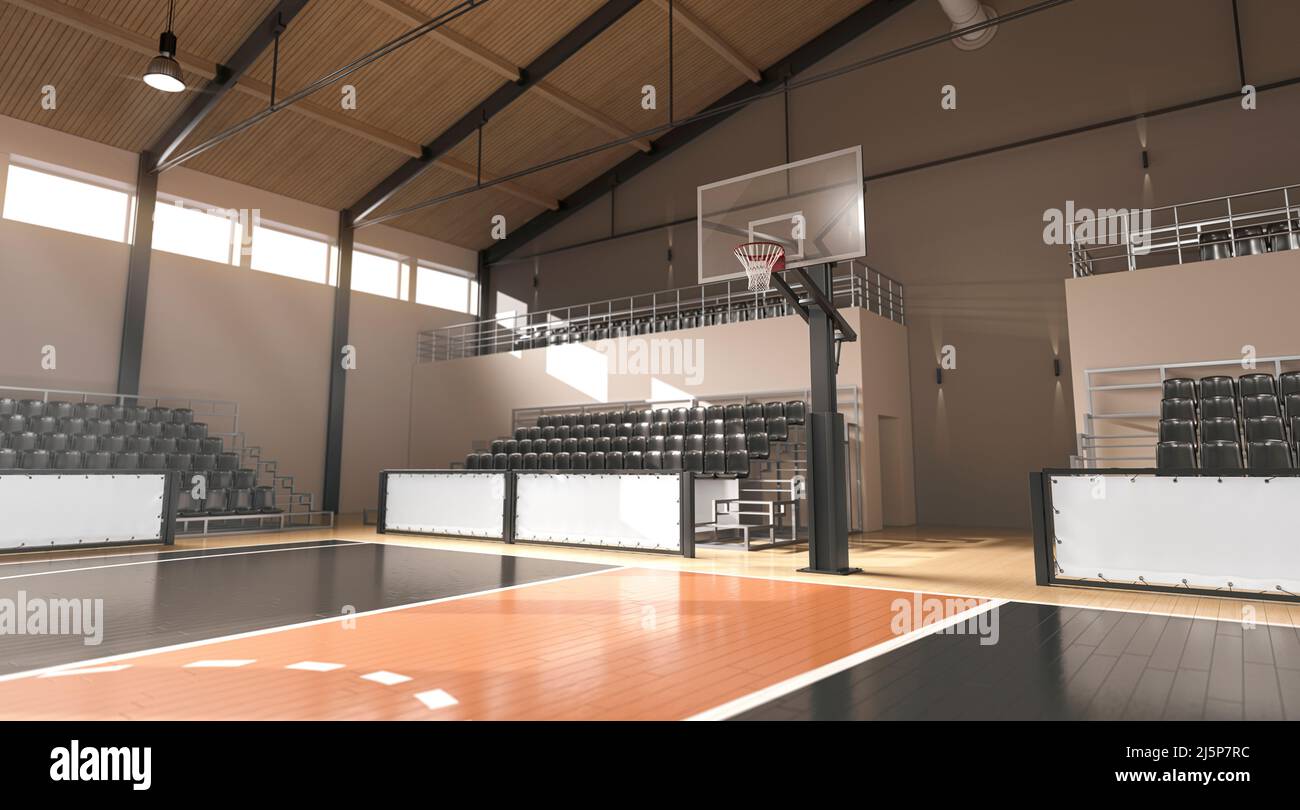 Basketball court with hoop and tribune mockup, side view Stock Photo ...