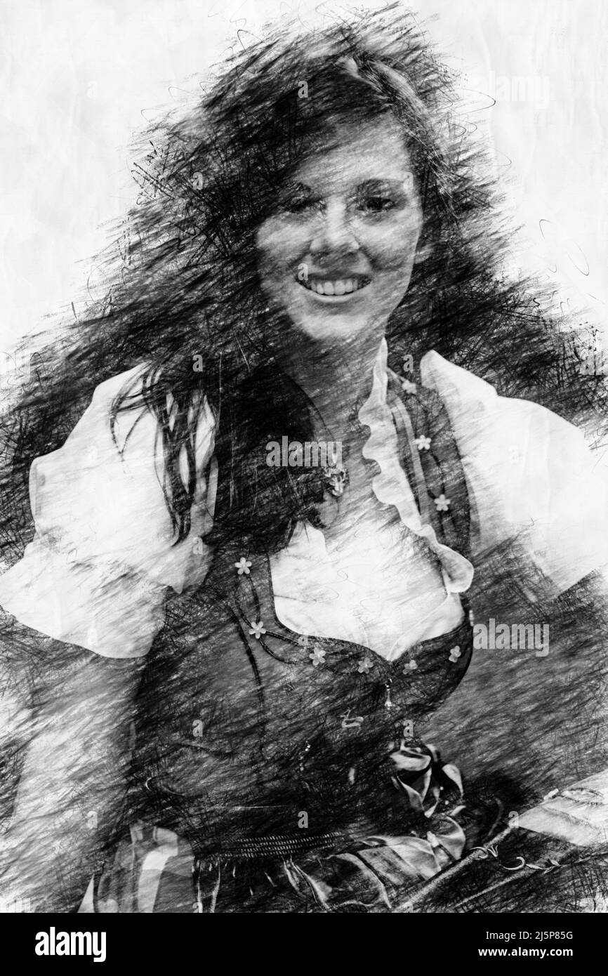portrait of young woman wearing a bavarian dirndl in pencil drawing ...