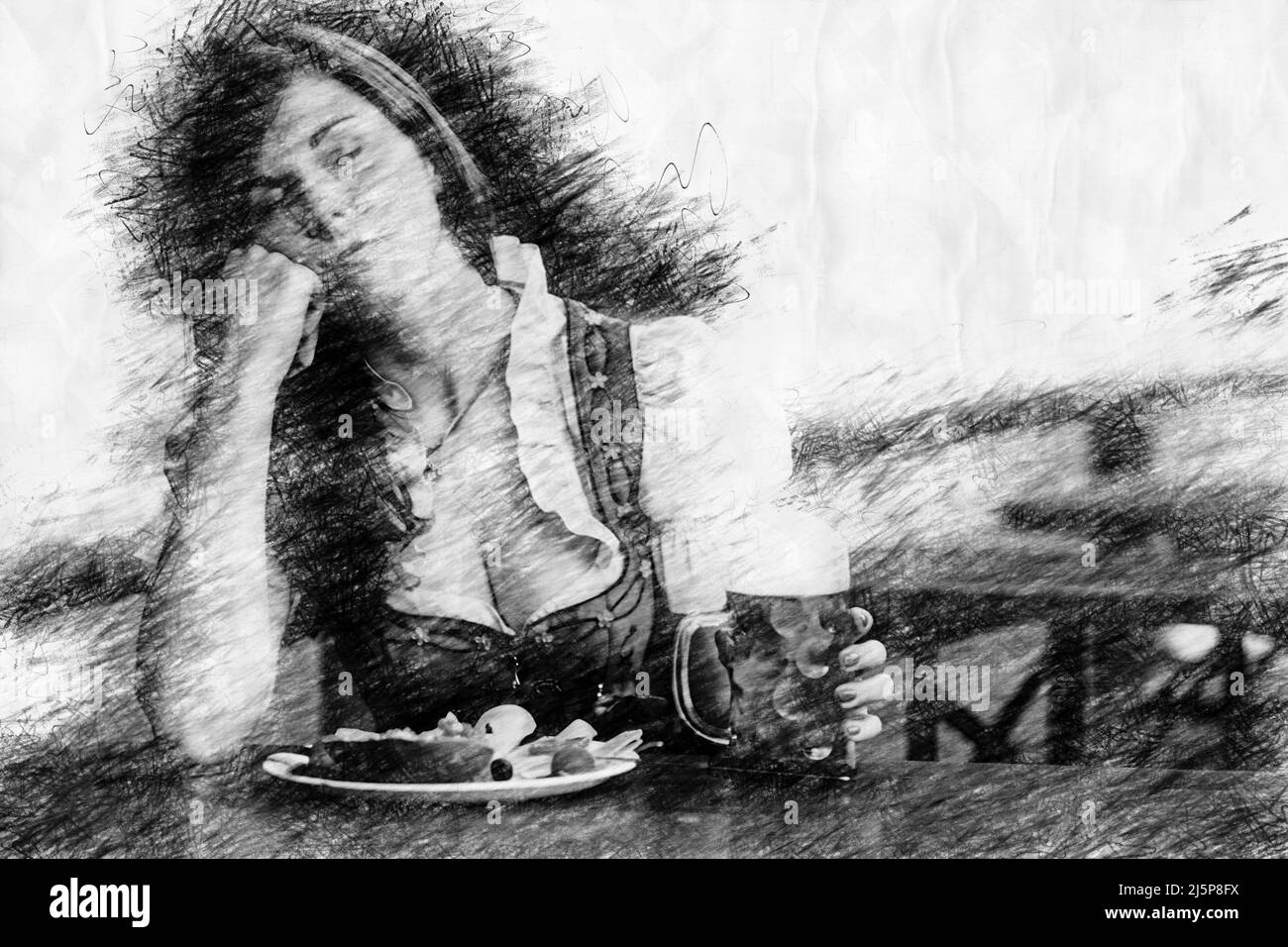 young woman in dirndl sleeping at table in pencil drawing style Stock ...