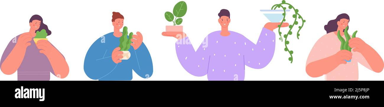 Home plants care. People hold pots with green. Gardening hobby ...