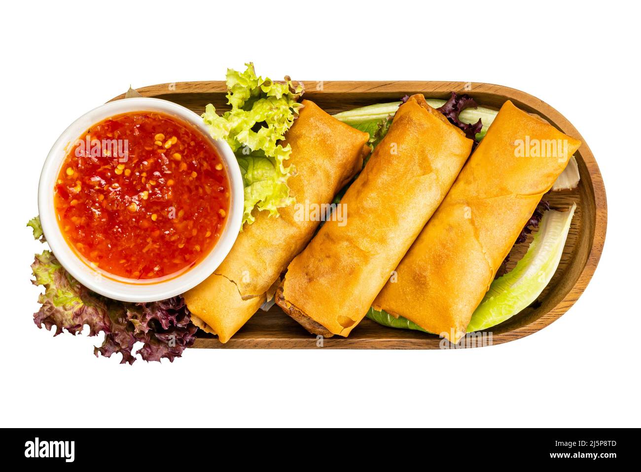 Top view of homemade Deep Fried Spring Roll with Chili Sauce and ...