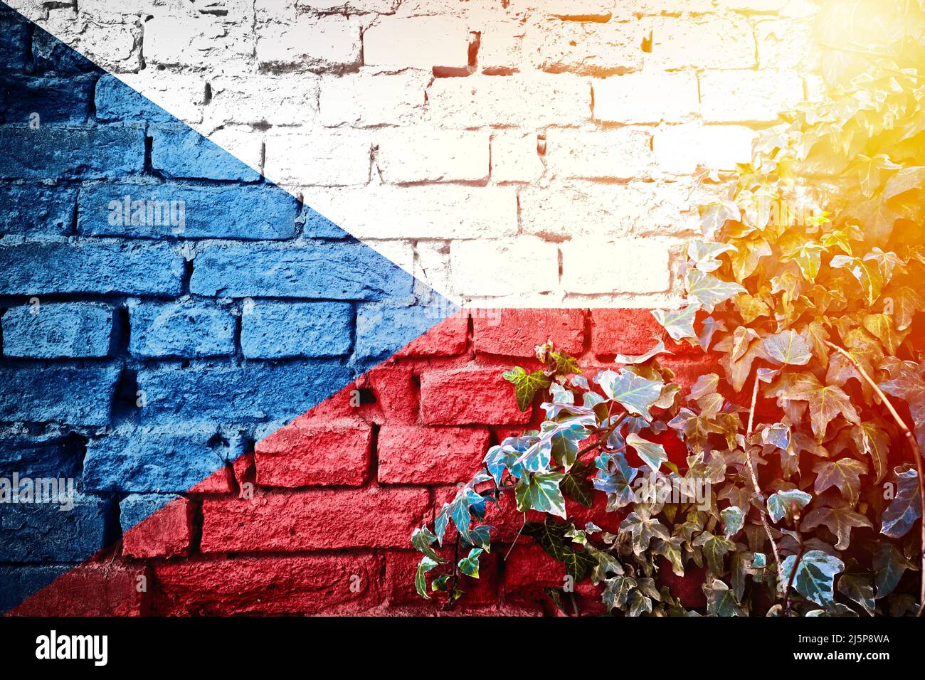 Czech Republic grunge flag on brick wall with ivy plant sun haze view ...