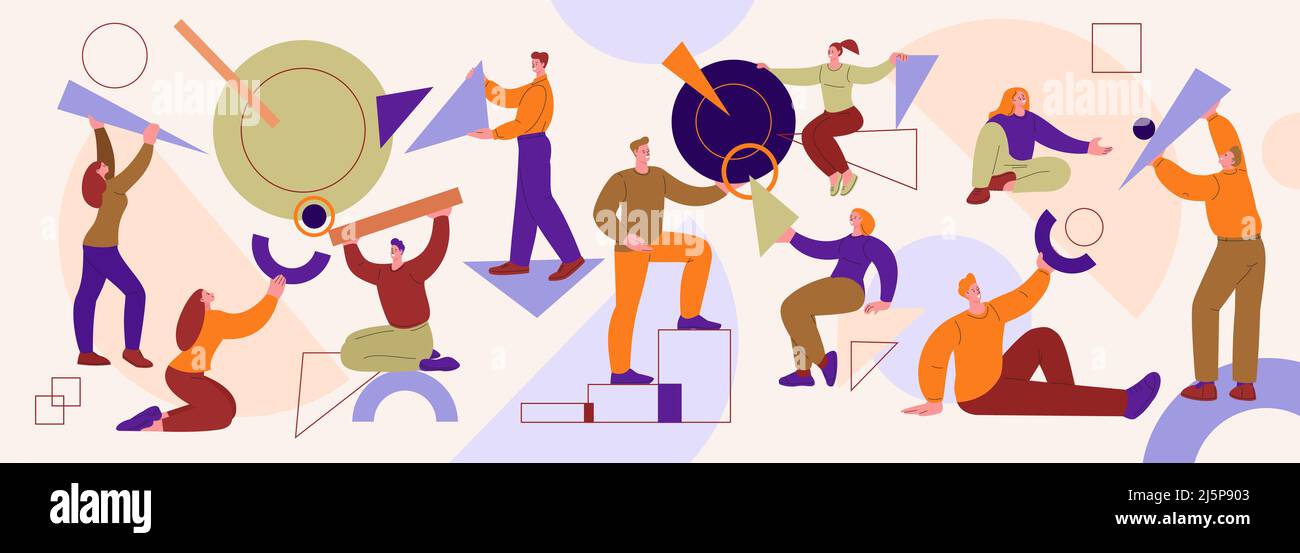 Collecting geometric shapes. Person organizing work and collect ...