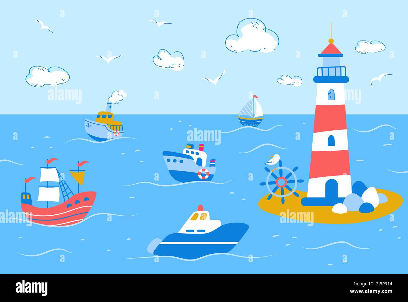 Cute ship and cruiser in ocean landscape. Cartoon sailboat trip and ...
