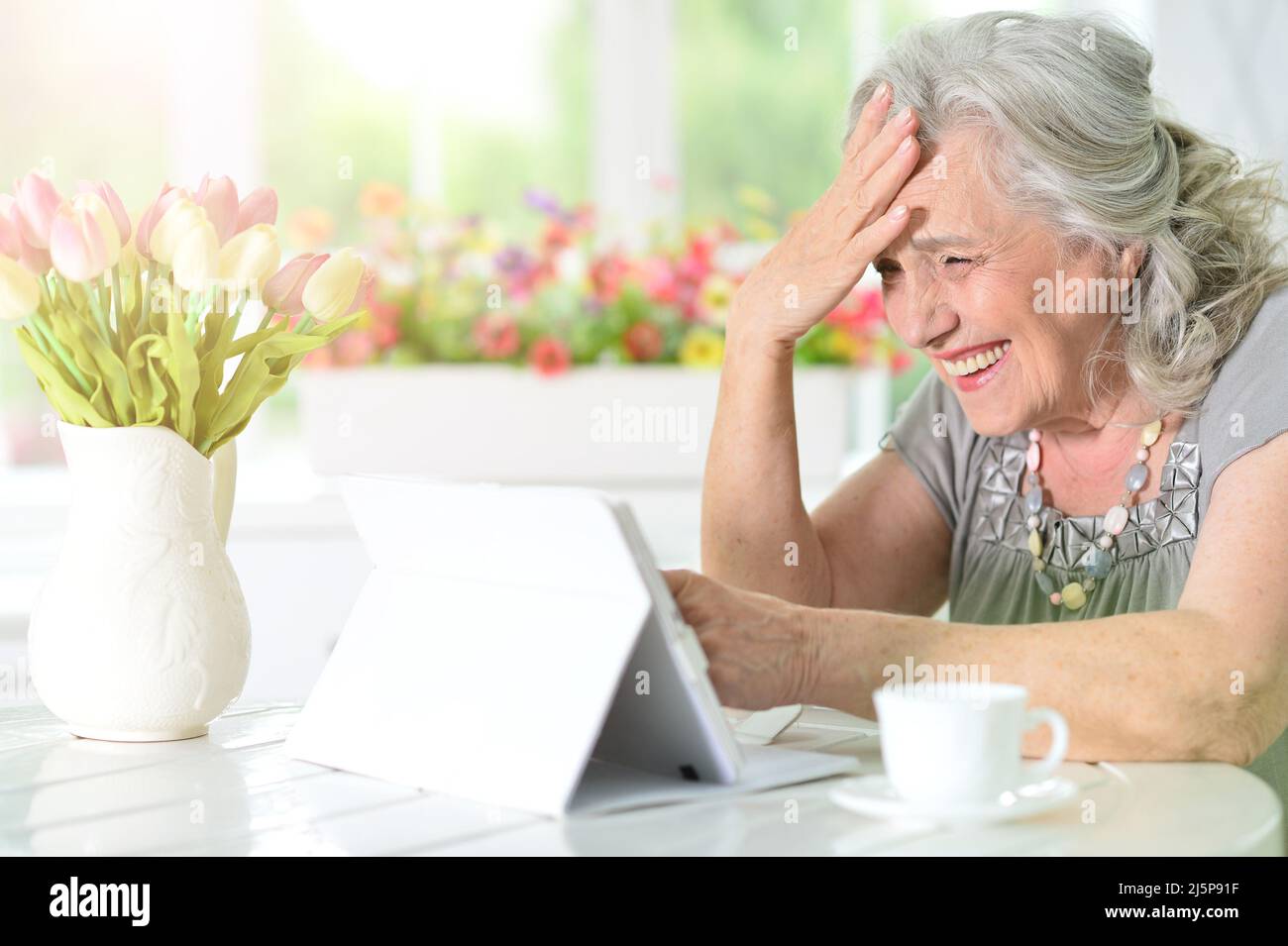Beautiful senior woman using modern tablet Stock Photo - Alamy
