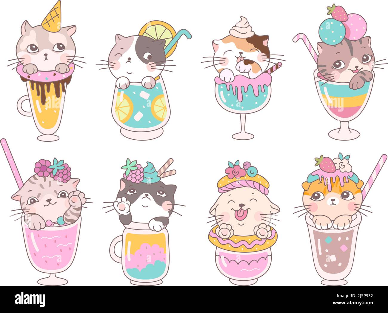 Kitten summer cocktails. Cartoon cat drink, cute fresh cocktail and ...