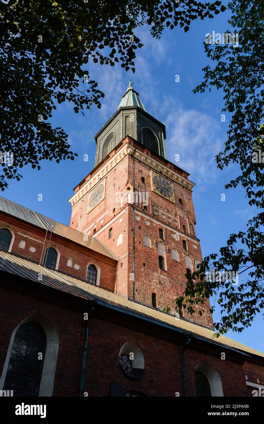 The tower of Turku Cathedral, the medieval basilica in Finland against ...