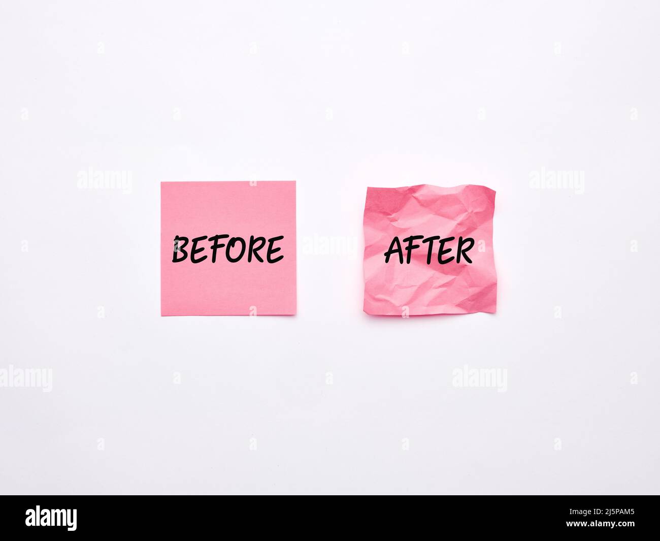 The words before and after on pink sheets of note paper on white ...