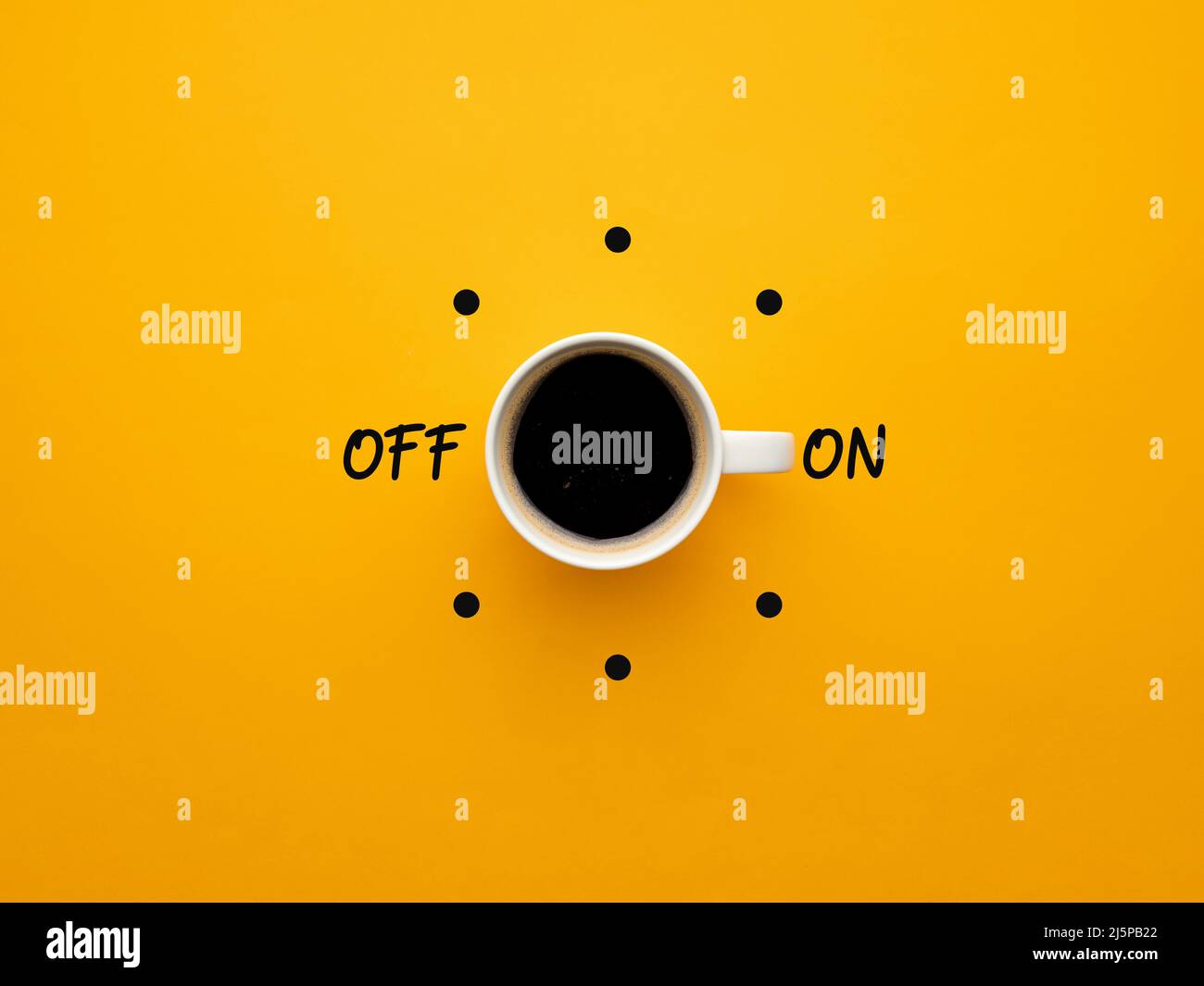 Coffee cup switch on off concept on yellow background. Morning wake up ...