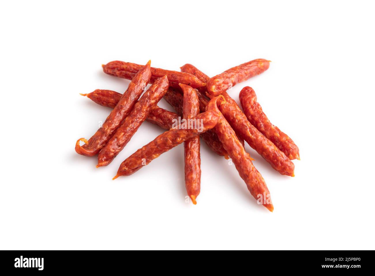 Small smoked sausage isolated on white background. Side view, close up ...
