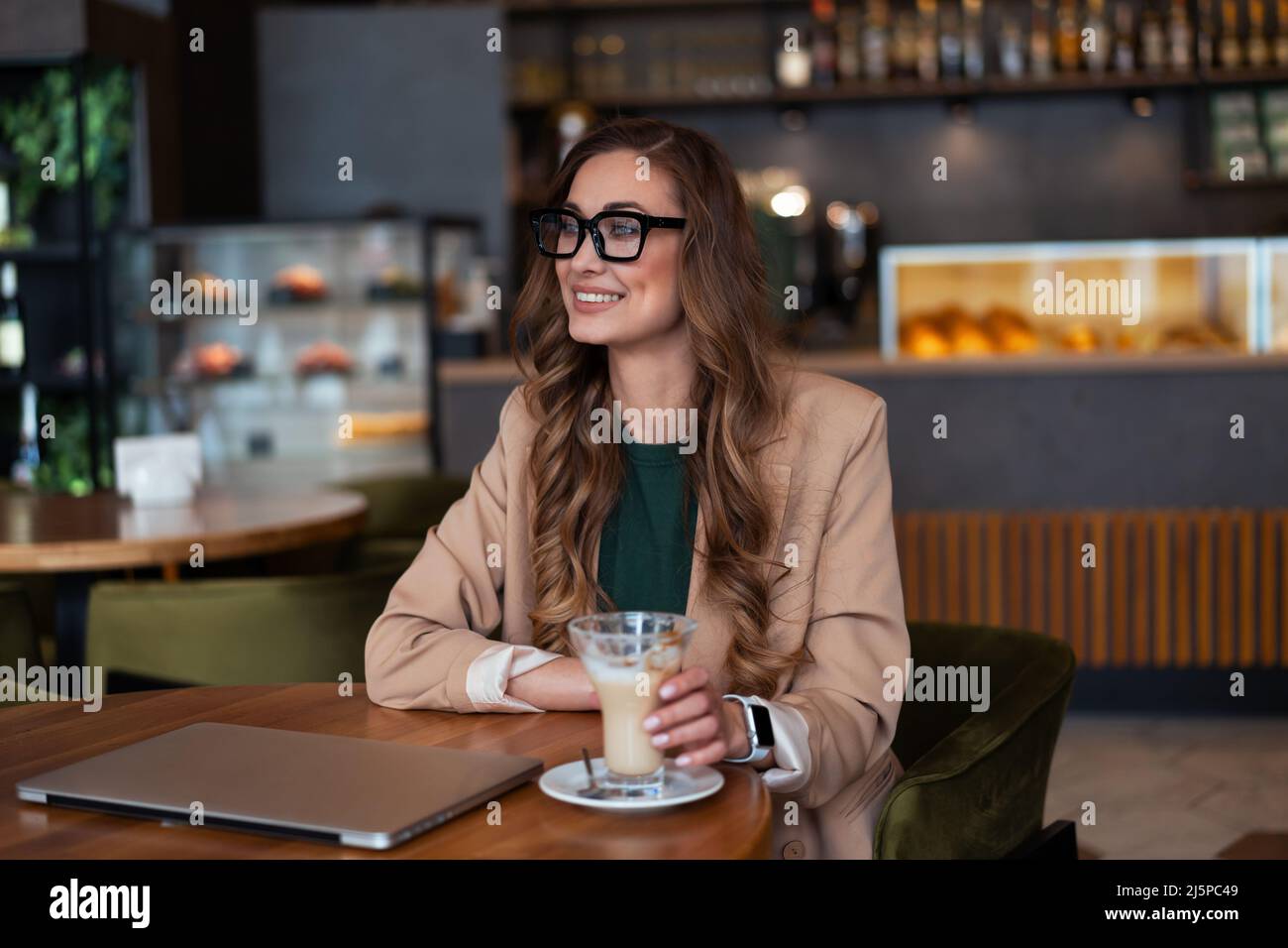 Business Woman Restaurant Owner Use Laptop In Hands Dressed Elegant ...