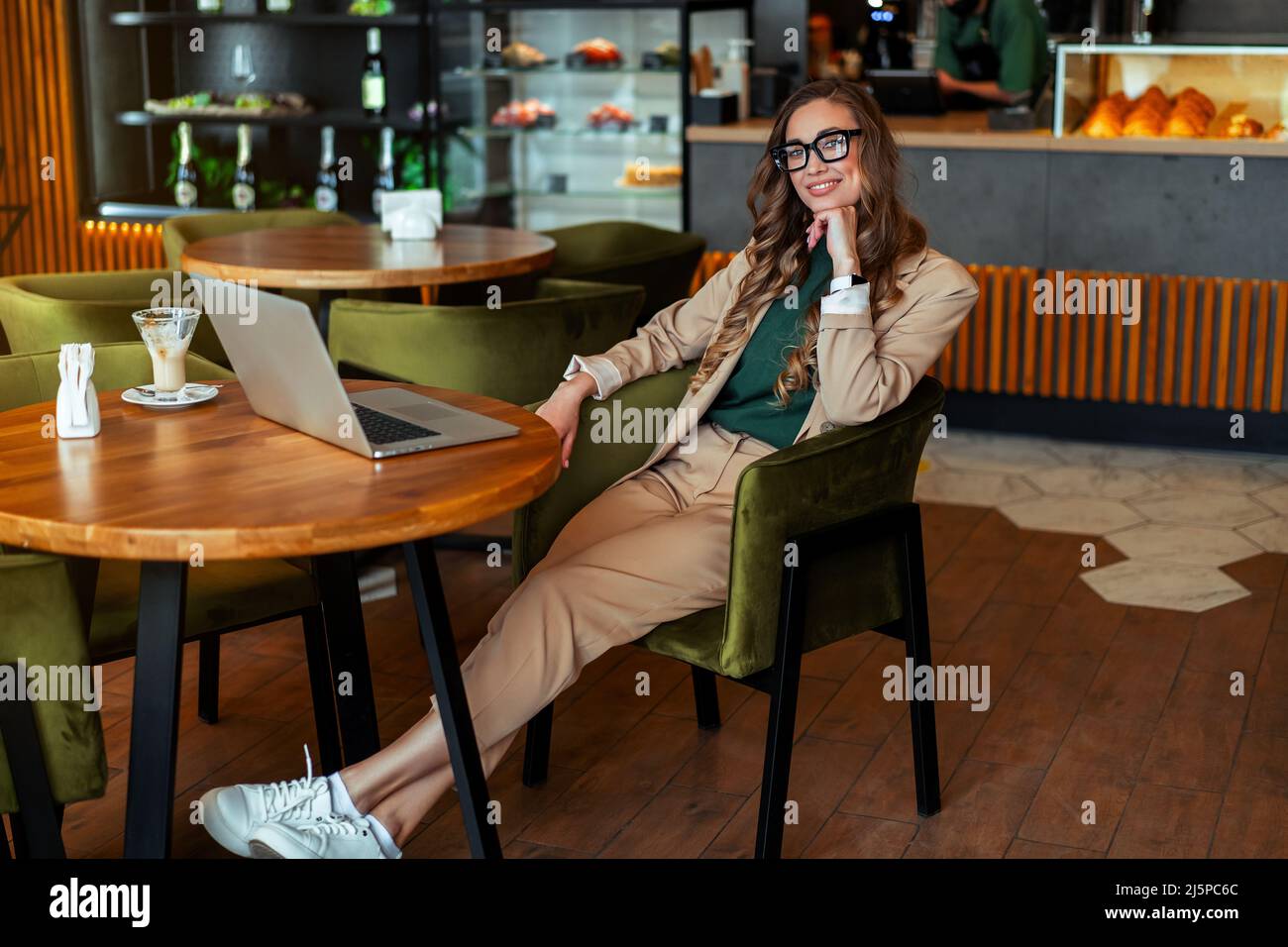 Business Woman Restaurant Owner Use Laptop Dressed Elegant Pantsuit ...