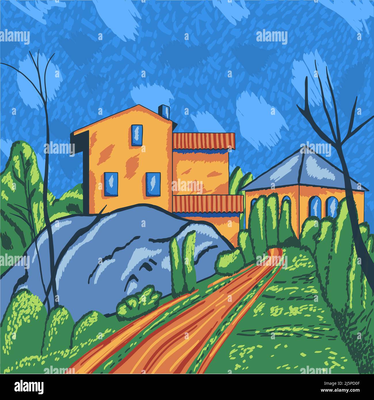 Artistic colorful landscape. Digital imitation painting. Vector Stock ...