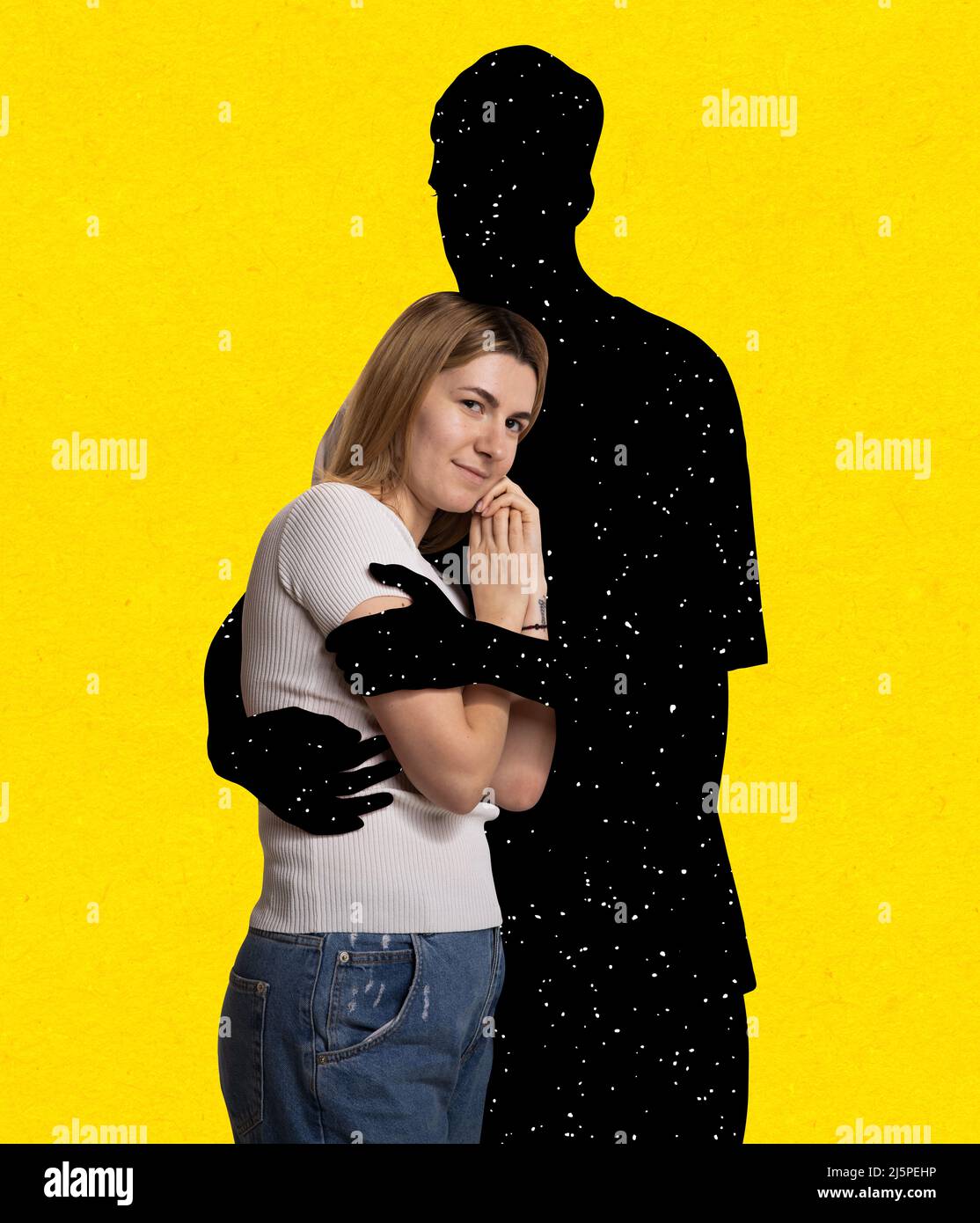 Contemporary art collage. Silhouette of man hugging woman isolated over ...