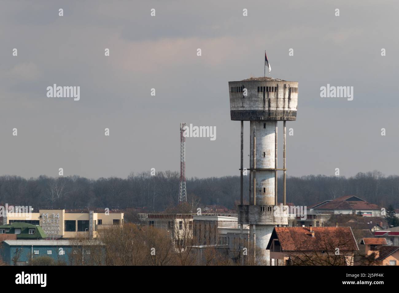 Water tower in Bosanski Brod in Bosnia and Herzegovina, elevated view ...