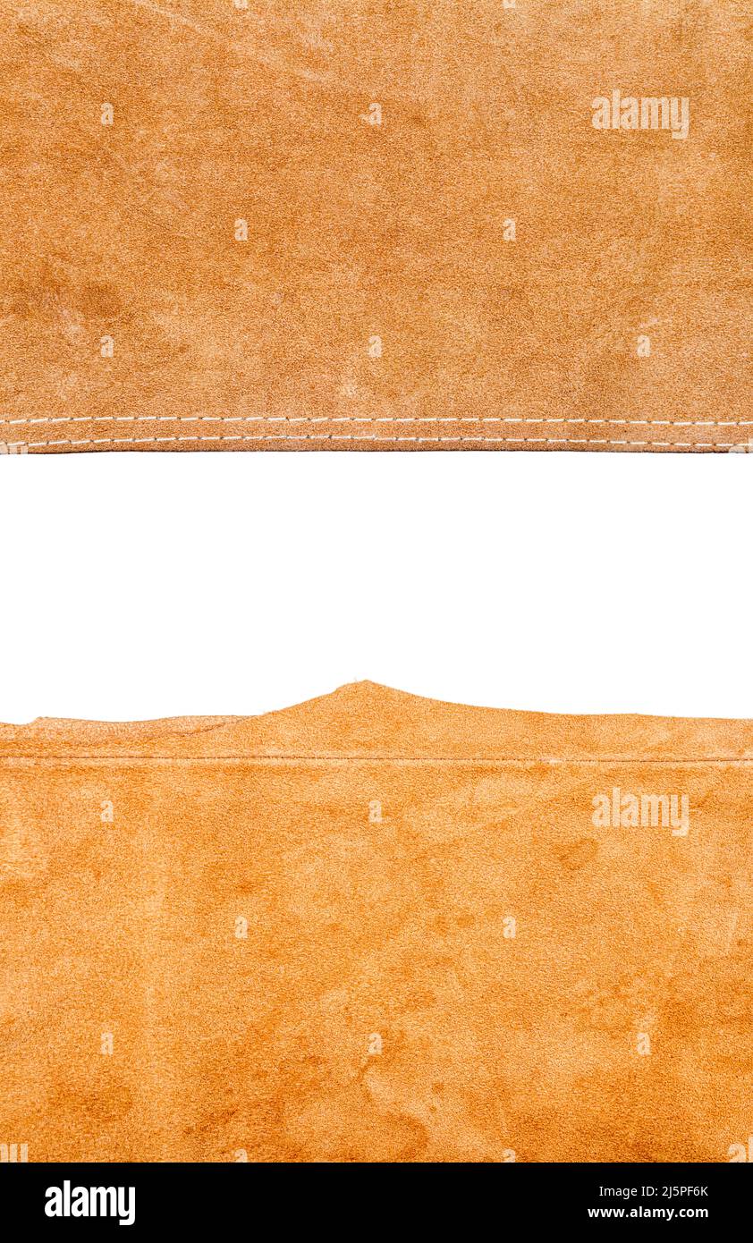Two pieces of brown leather with a space for text isolated on white ...