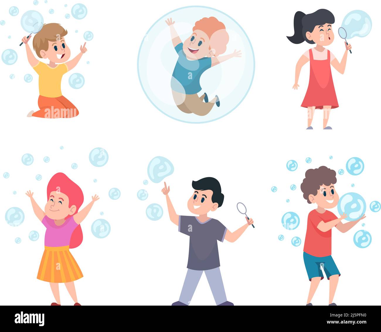 Kids with bubbles. Boys and girls blowing soap foam circle bubbles ...