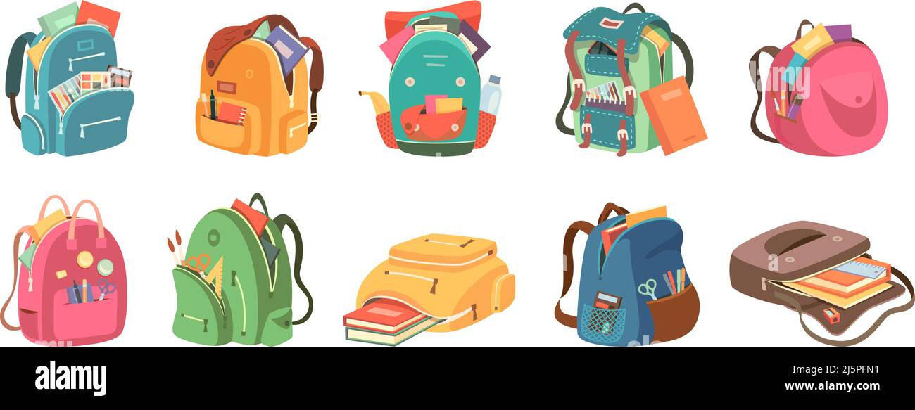 Schoolbags. Full kids students rucksack colorful bags with various ...