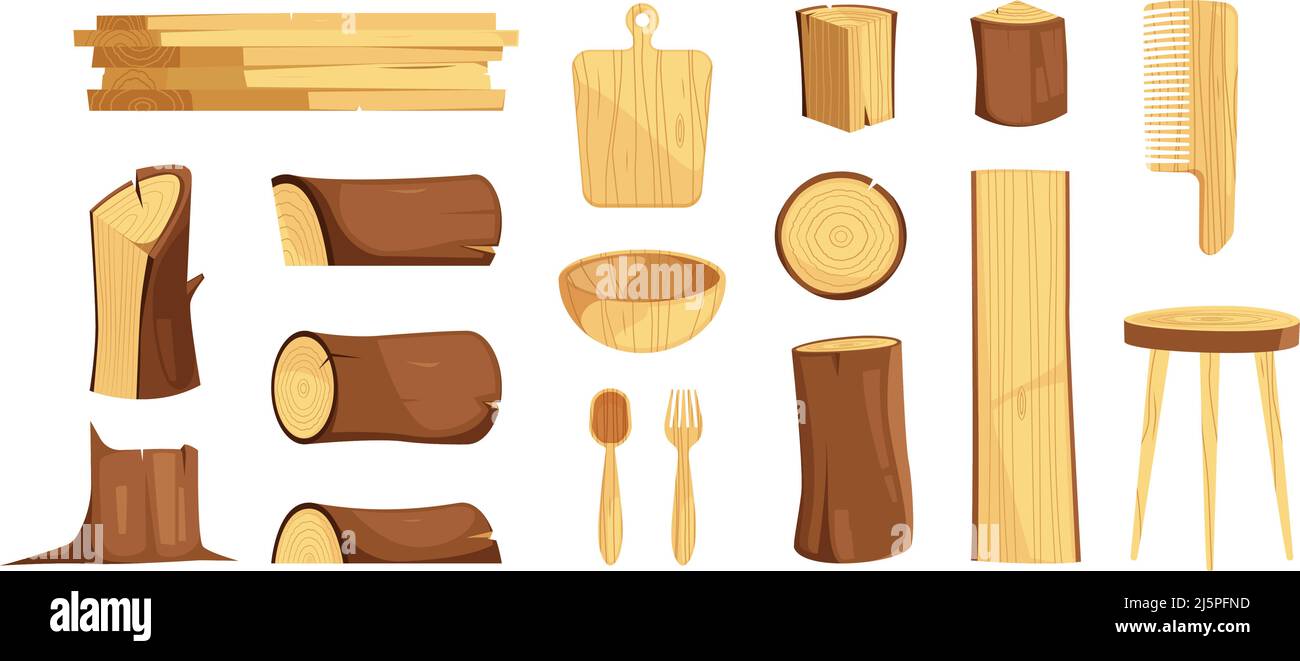 Wooden products. Furniture production from oak logs branches trees ...