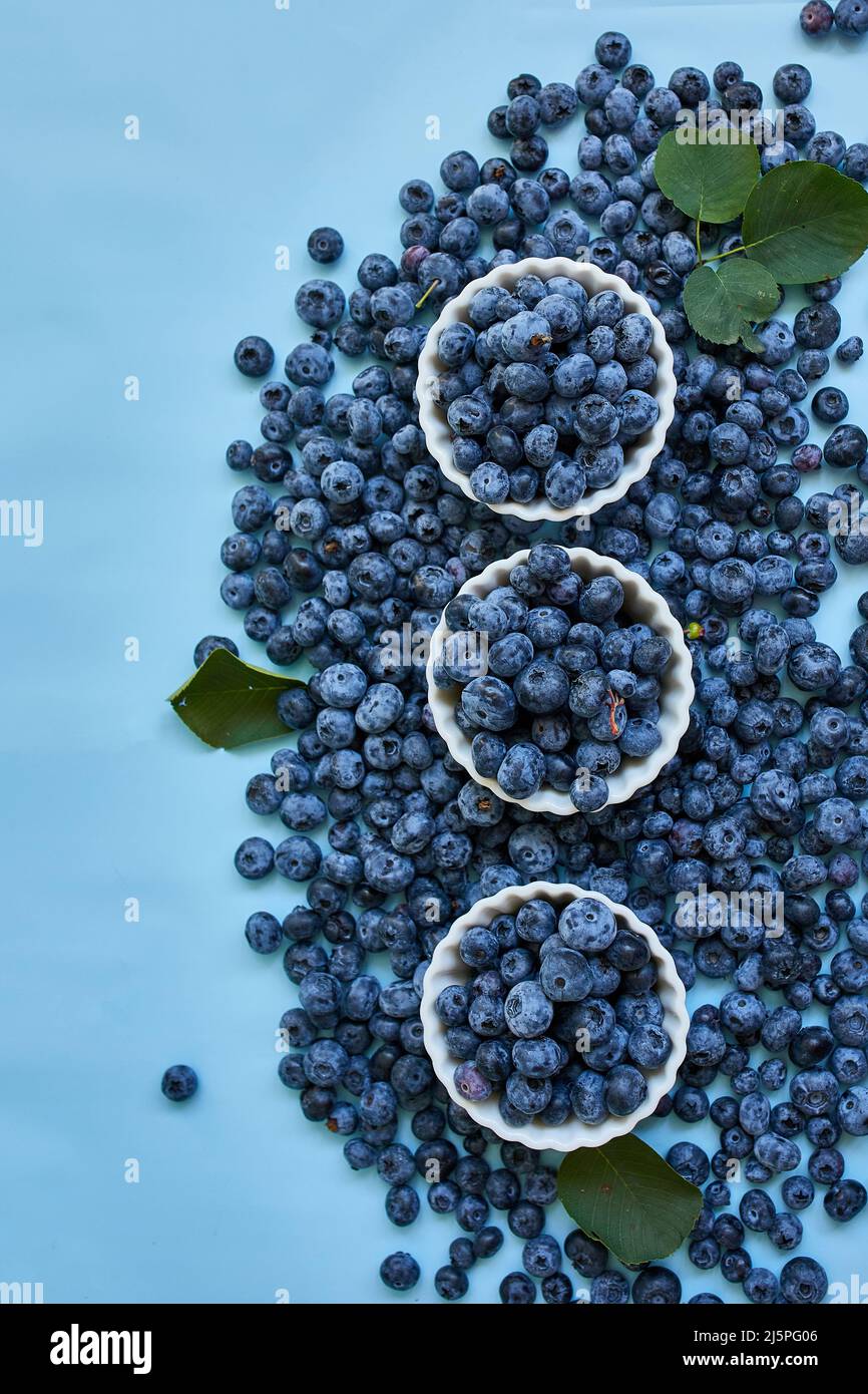 Flat lay of fresh organic juicy blueberries in a bowl on blue ...