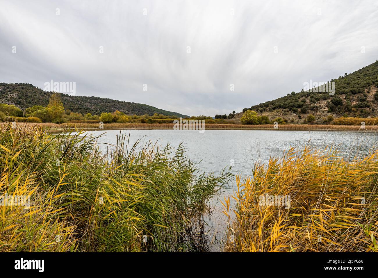 Landscape of karstic cliffs in large lagoon of Tobar in Beteta, Cuenca ...