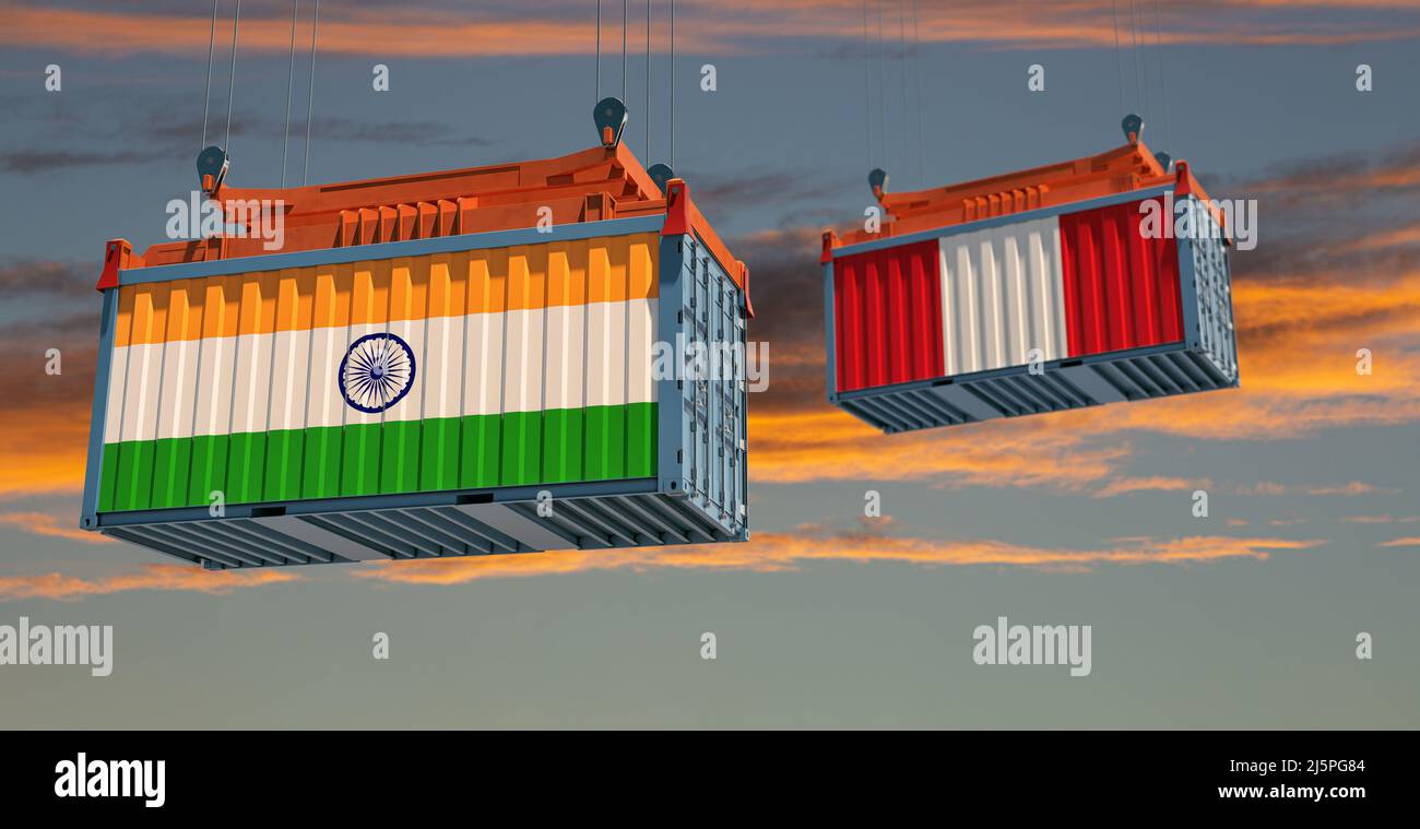 Shipping containers with India and Peru flag. 3D Rendering Stock Photo ...