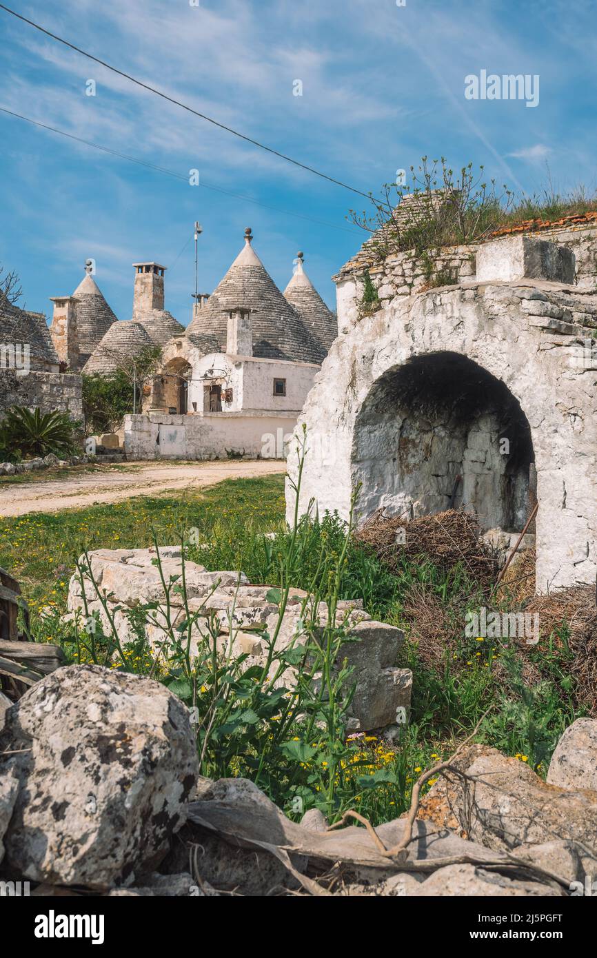 Group of Trulli or Trullo house, traditional Apulian dry stone hut with ...