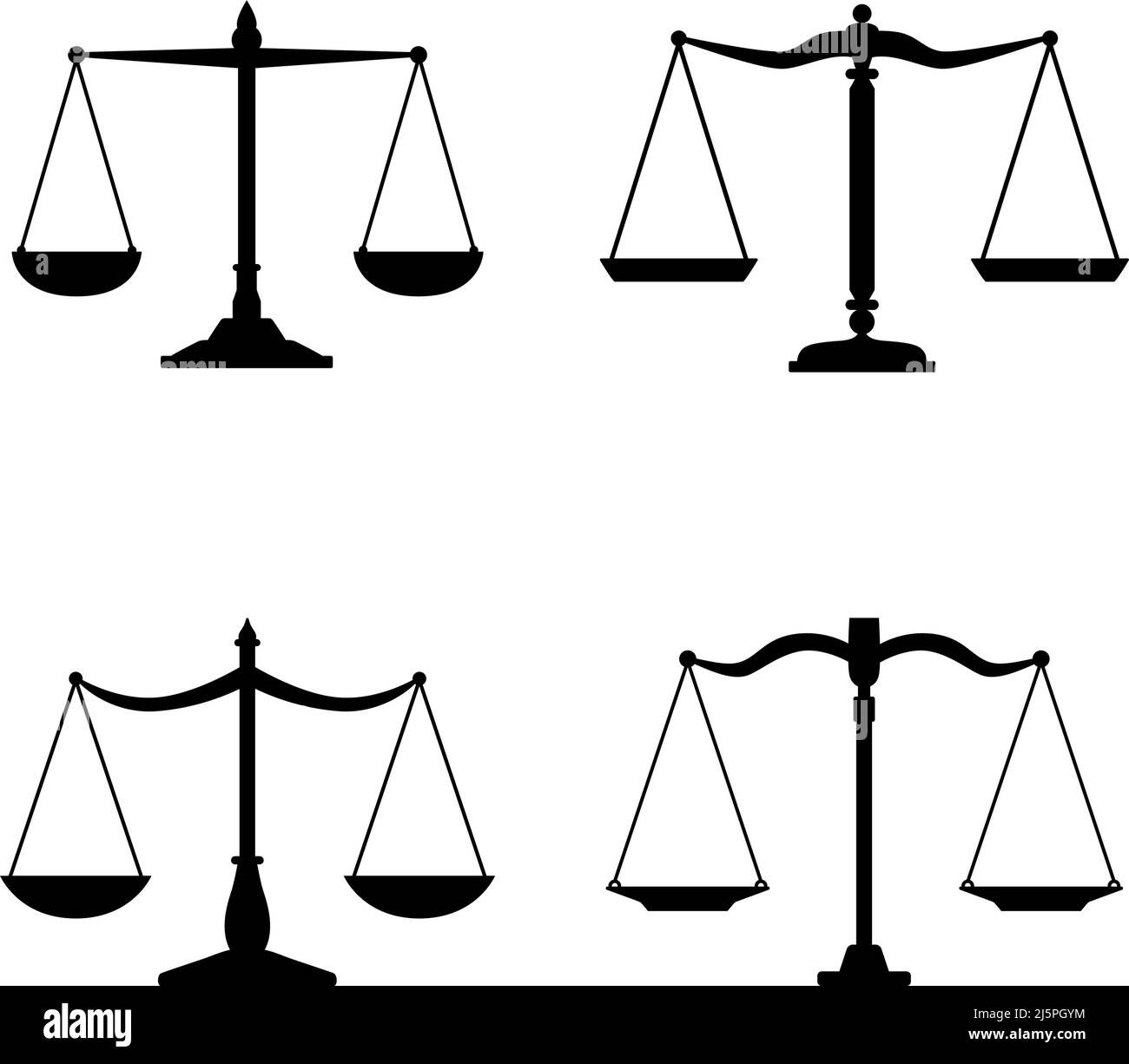 Set of black silhouettes of justice scales isolated on white background ...