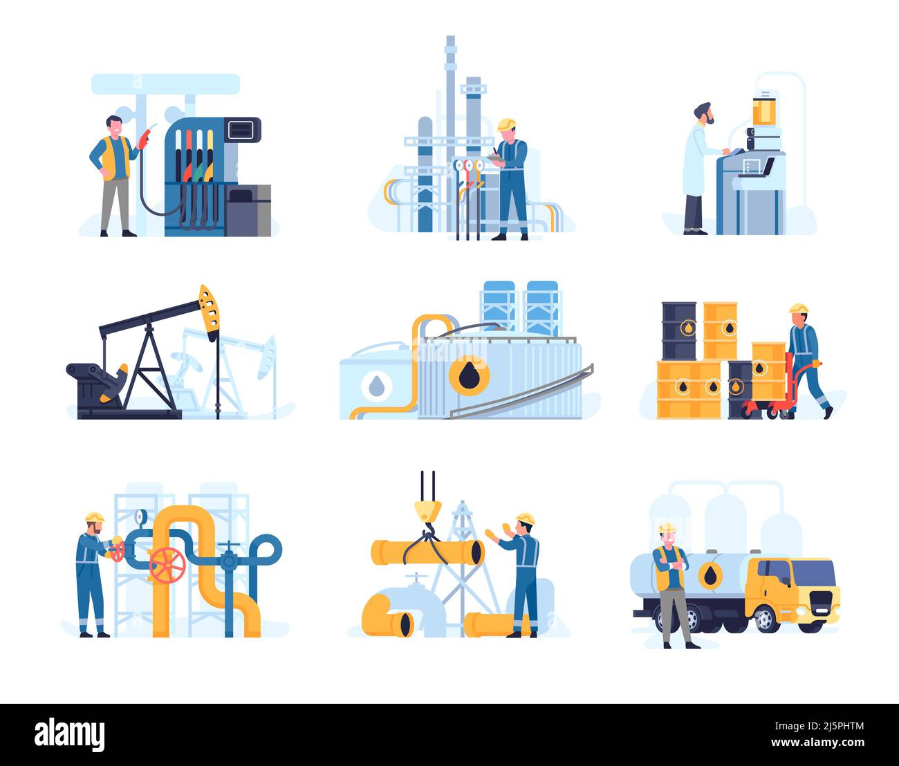 Oil industry workers. Petroleum processing. People at gasoline station ...