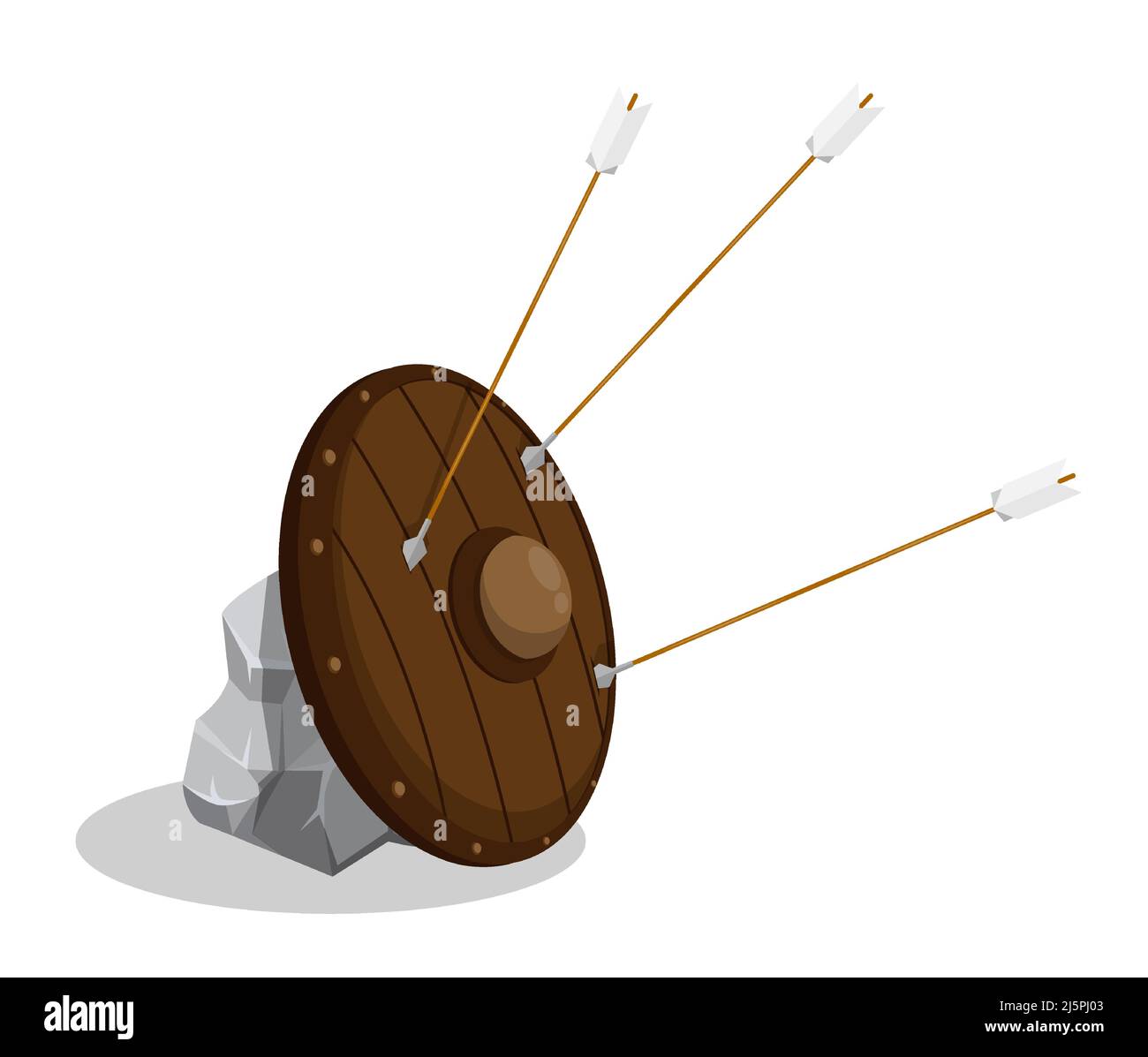Arrows of enemy stick out of round shield made of wood. Element of ...