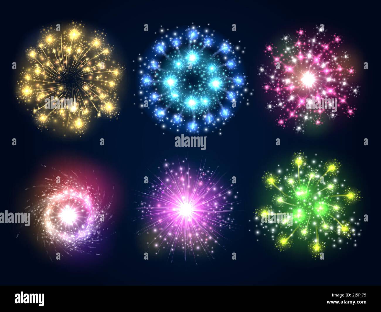Realistic fireworks. Different shapes and colors pyrotechnics ...