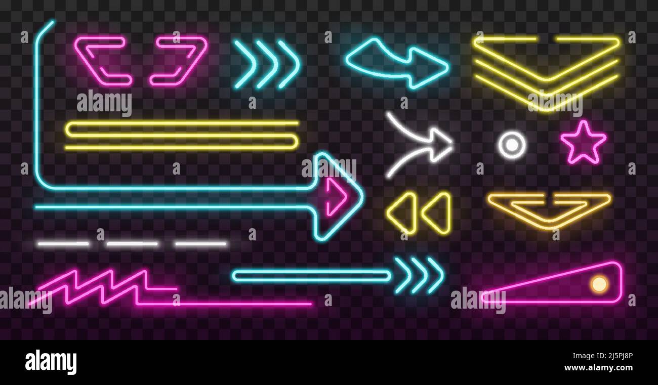 Realistic neon arrows. Different color pointers. Advertising sign ...