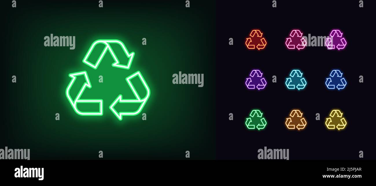 Outline neon recycling icon. Glowing neon recycling triangle sign with ...