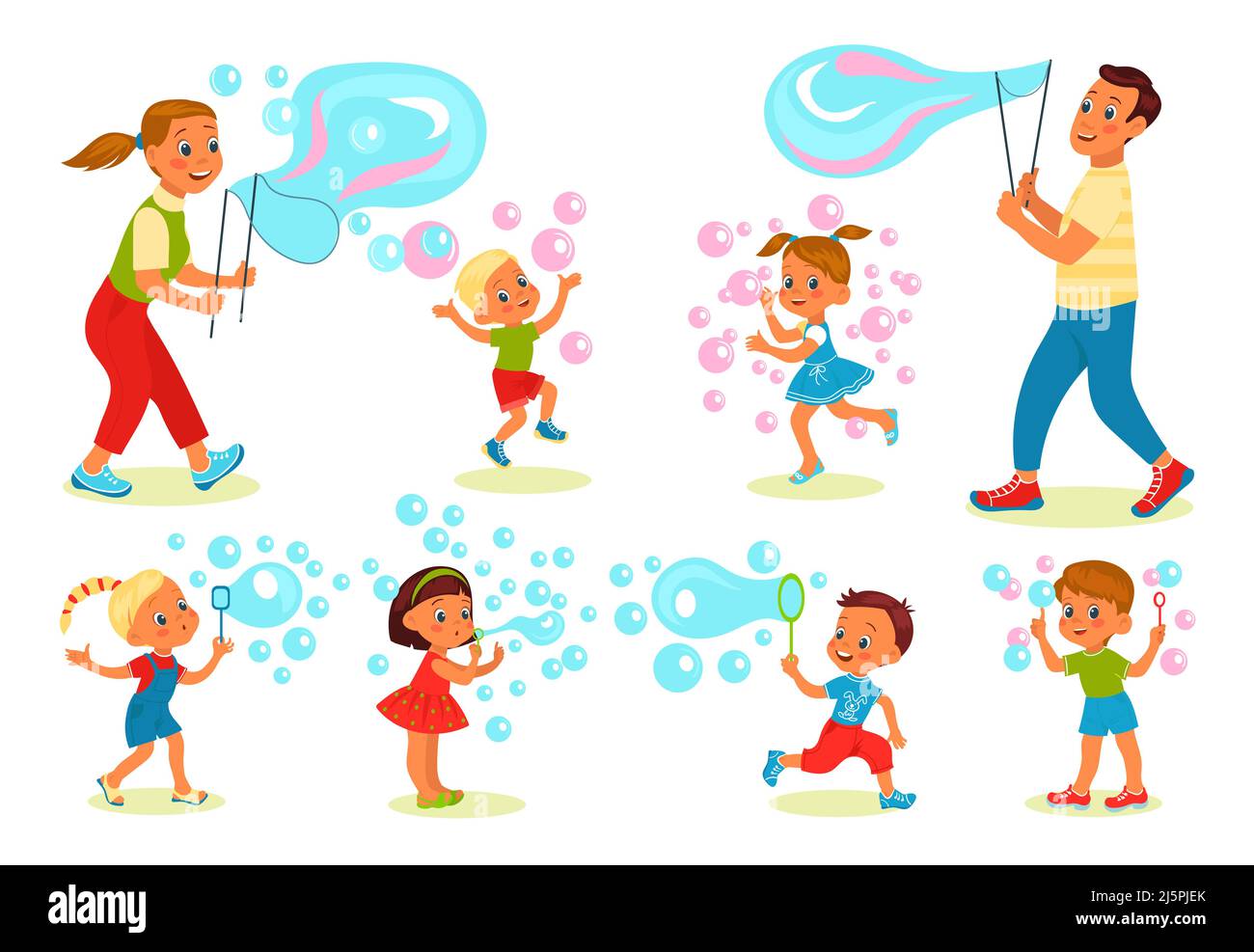 Soap bubbles show. Happy kids and parents blowing foam balls. Cute boys ...